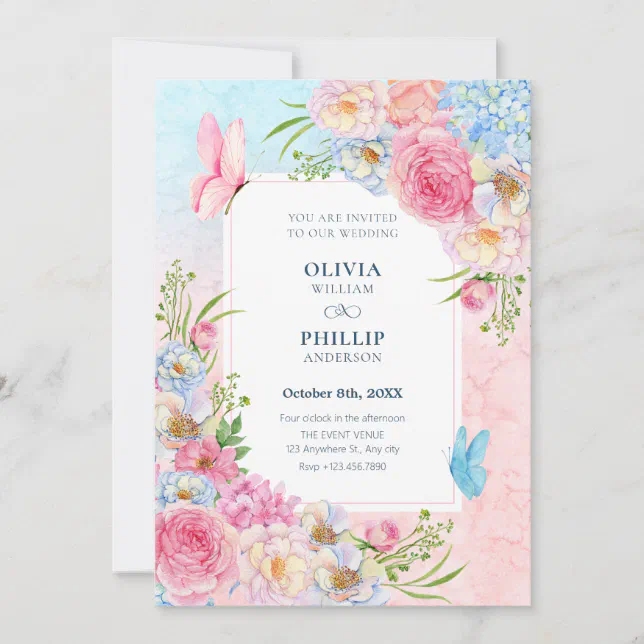Blue pink watercolor flowers wedding invitation | Zazzle
