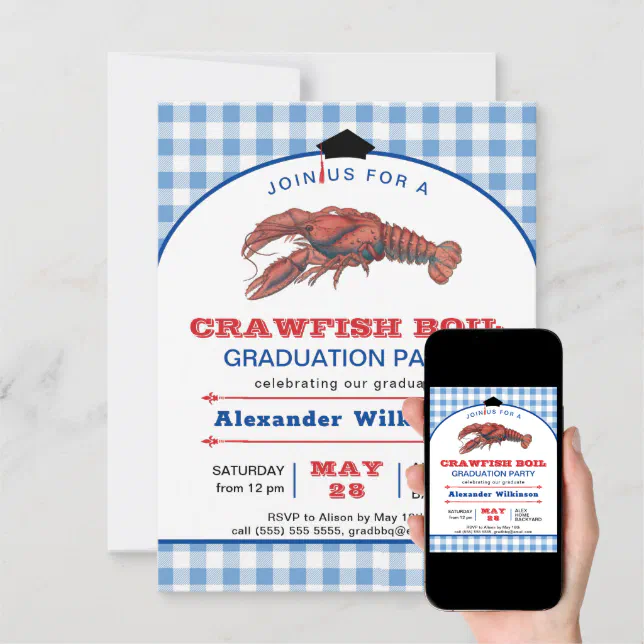 Blue Plaid Crawfish Boil Graduation BBQ Party Invitation | Zazzle