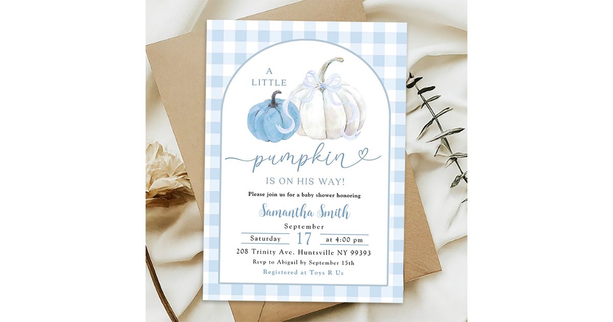 Blue Plaid Preppy Pumpkin Boy Baby Shower Invitation | Zazzle