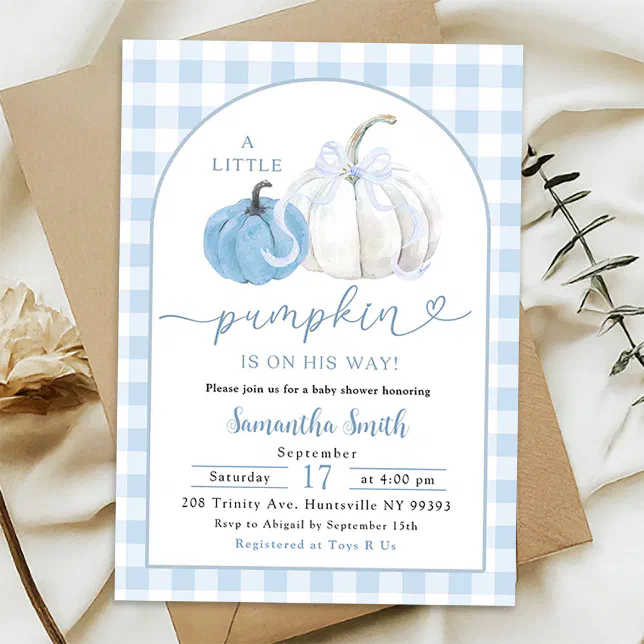Blue Plaid Preppy Pumpkin Boy Baby Shower Invitation | Zazzle