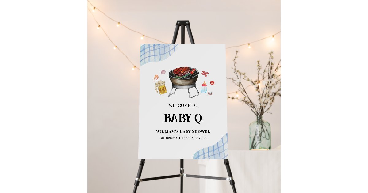 Blue Plaid Retro Baby Q Baby Shower Welcome Sign | Zazzle