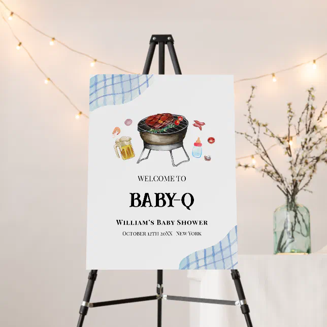 Blue Plaid Retro Baby Q Baby Shower Welcome Sign | Zazzle