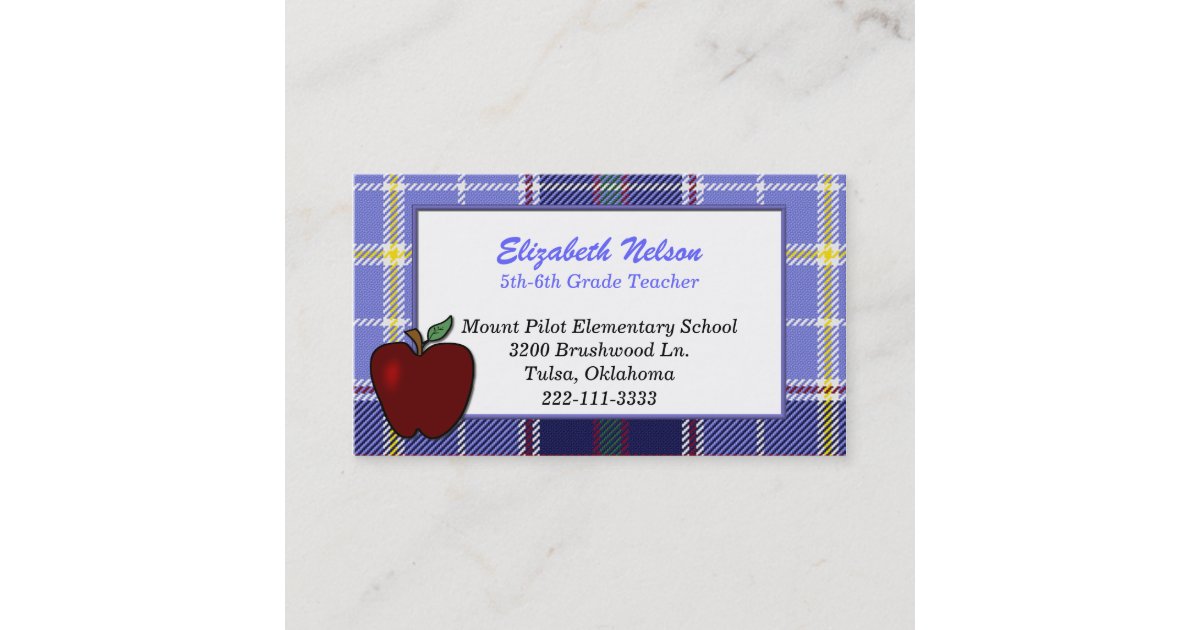 Blue Plaid Teacher's business card | Zazzle