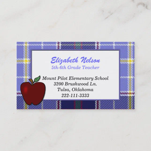 Blue Plaid Teacher's business card | Zazzle
