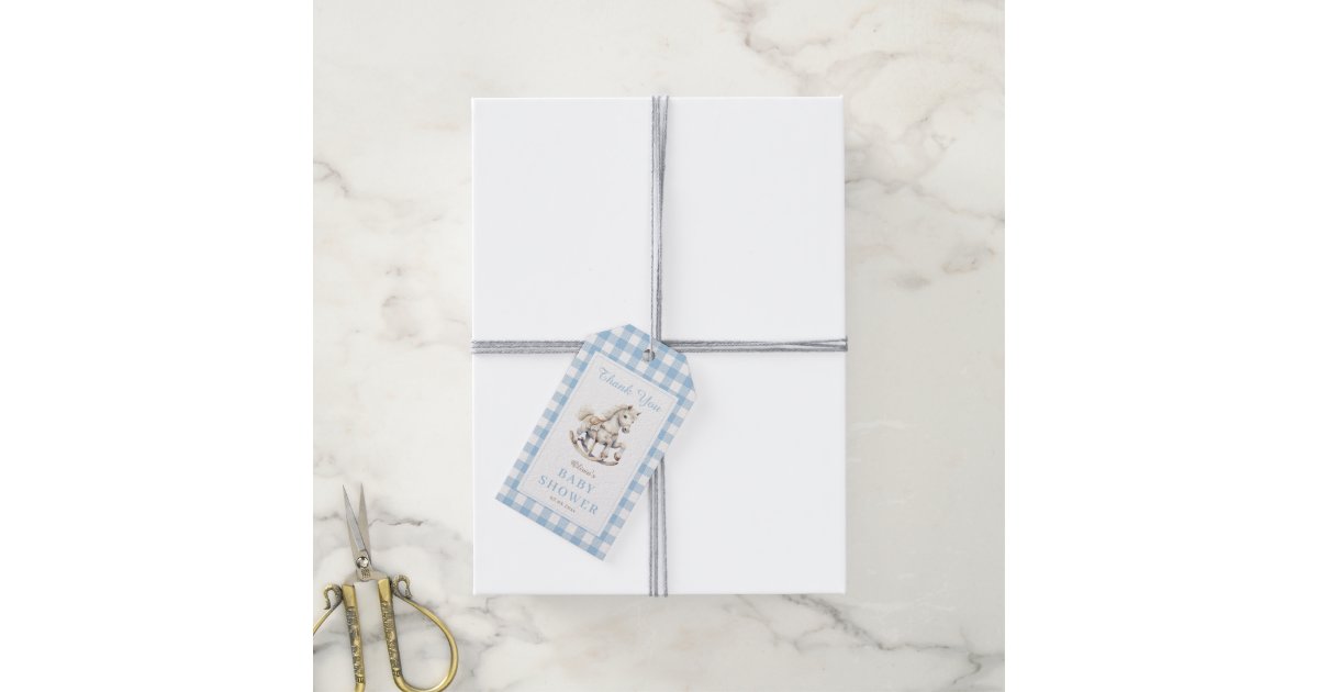 Blue Plaid Watercolor Rocking Horse Baby Shower Gift Tags | Zazzle