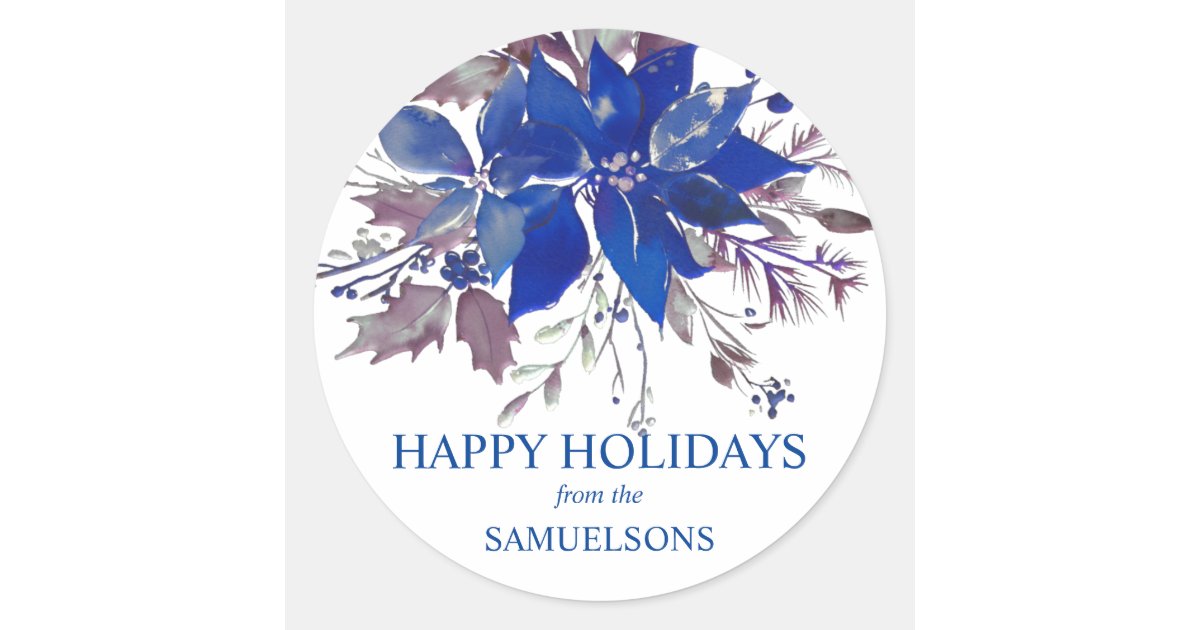Blue Poinsettia Christmas Happy Holidays Classic Round Sticker | Zazzle