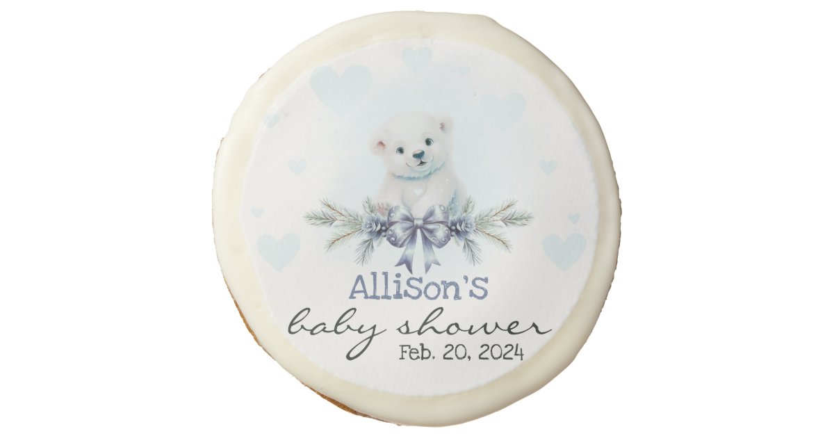 Blue Polar Bear Cub Boy Hearts Winter Baby Shower Sugar Cookie | Zazzle