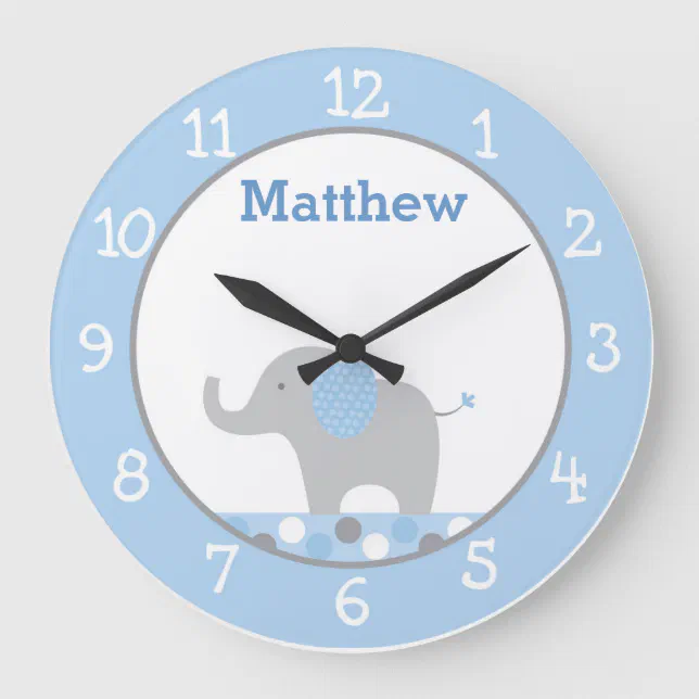 Blue Polka Dot Elephant Nursery Large Clock | Zazzle