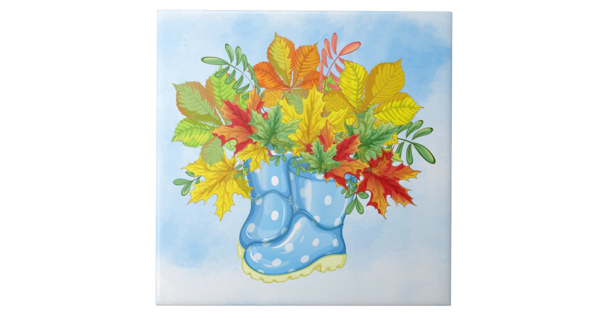 Blue Polka-dot Rain Boots Fall Leaves Ceramic Tile | Zazzle