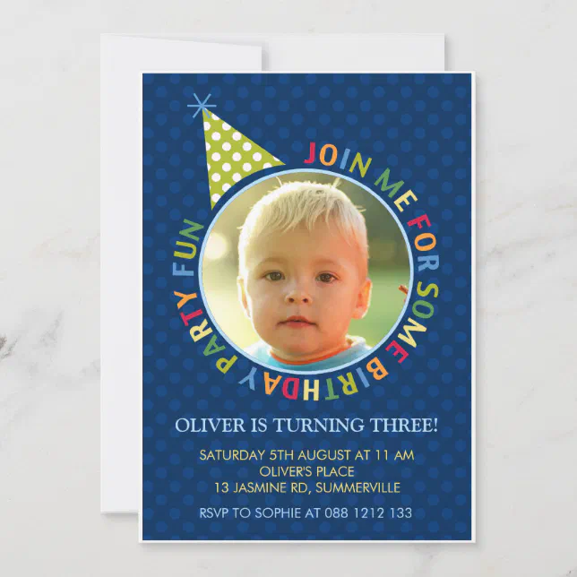 Blue Polka Dots Fun Kids Photo Birthday Invitation | Zazzle