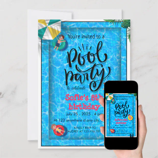 Blue Pool Party Birthday Invitation | Zazzle