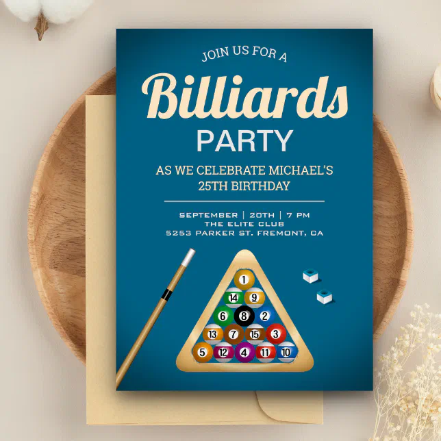 Blue Pool Table Billiards Snooker Birthday Party Invitation | Zazzle