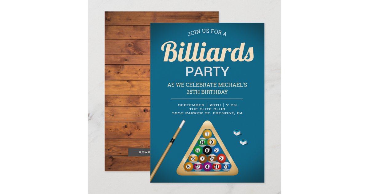 Blue Pool Table Billiards Snooker Birthday Party Invitation | Zazzle.com