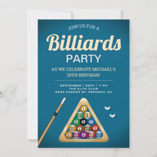 Blue Pool Table Billiards Snooker Birthday Party Invitation | Zazzle