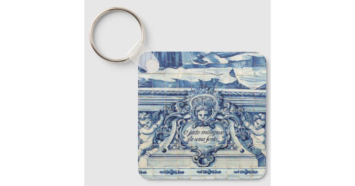 Blue Portuguese Tiles with two angels Keychain | Zazzle