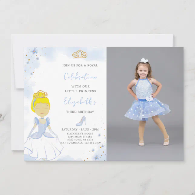 Blue Princess Birthday Invitation With photo | Zazzle