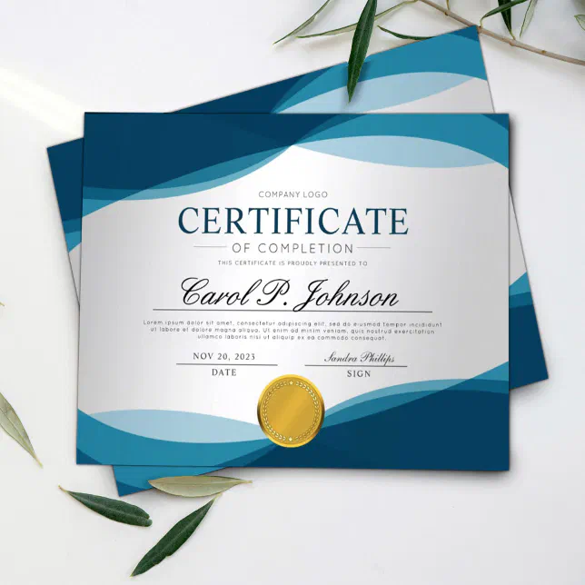 Blue Professional Certificate of Completion | Zazzle