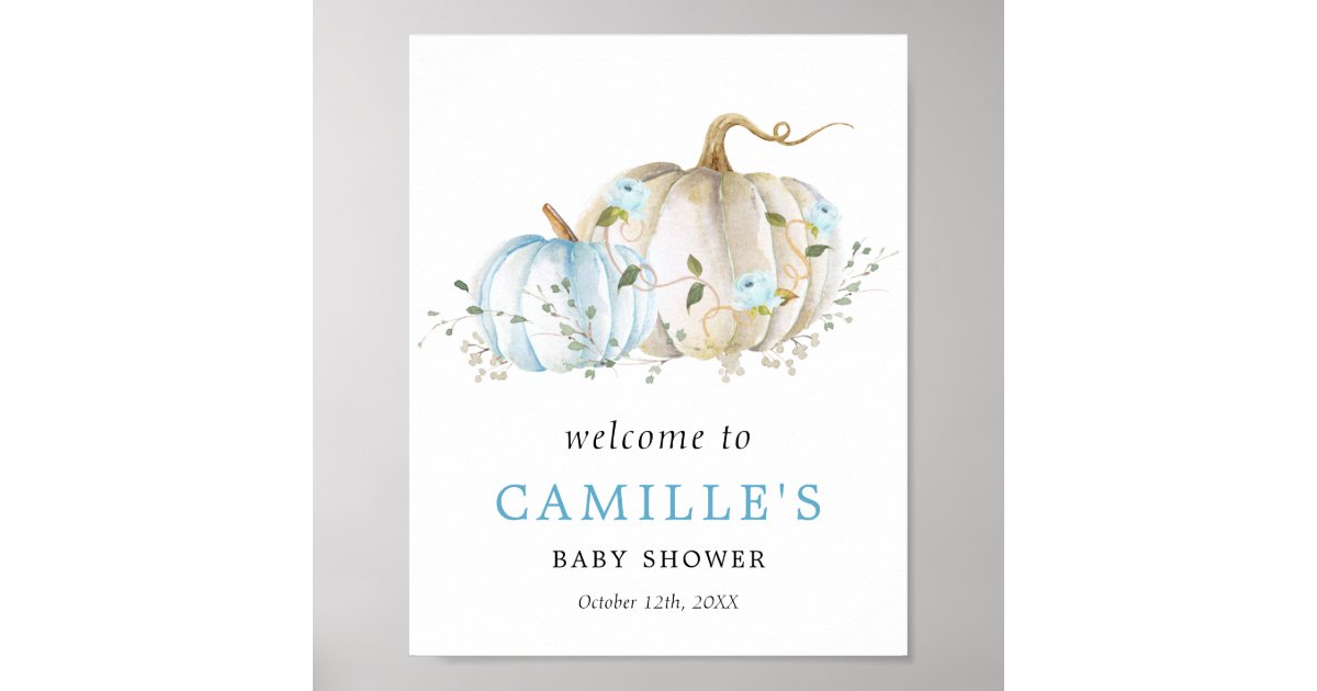 Blue Pumpkin Boy Baby Shower Welcome Poster | Zazzle