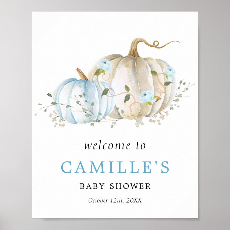 Blue Pumpkin Boy Baby Shower Welcome Poster | Zazzle