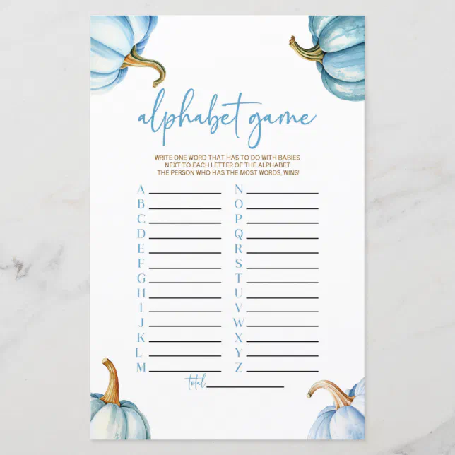 Blue Pumpkins Fall Alphabet Baby Shower Game | Zazzle