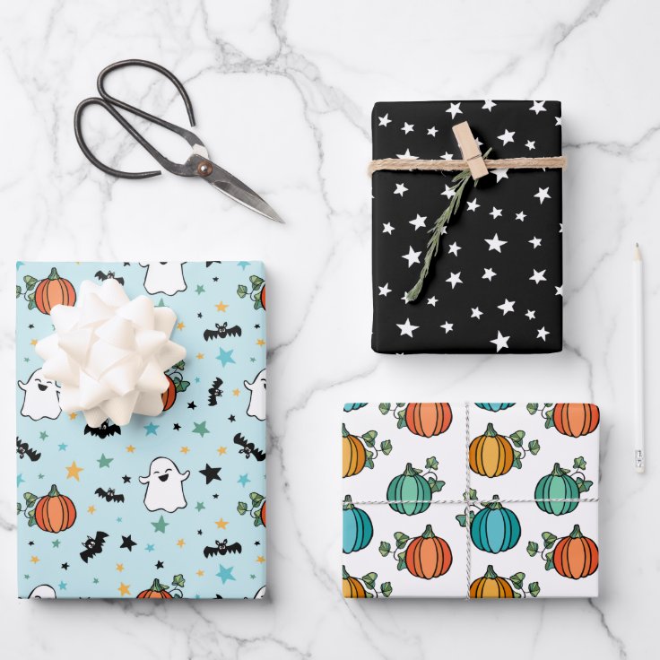 Blue Pumpkins Ghosts Halloween Mixed Patterns Wrapping Paper Sheets ...
