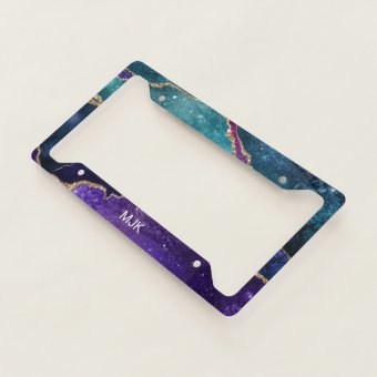 Blue Purple Aqua Gold Veins Agate Monogram License Plate Frame | Zazzle