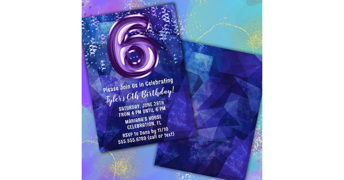Blue Purple Boy 6th Birthday Invitation | Zazzle
