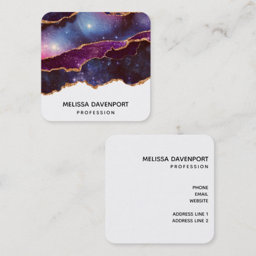 Blue & Purple Space & Stars with Gold Ribbon Square Business Card | Zazzle