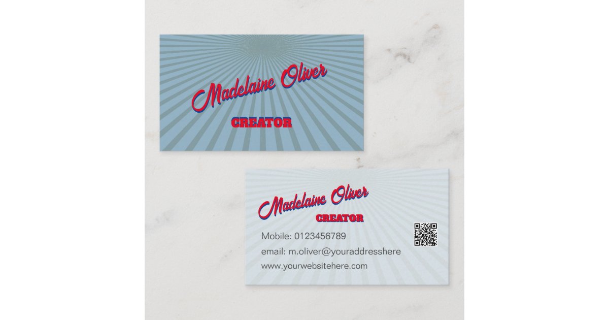 Blue QR Code Red Modern SunRay Business Card | Zazzle