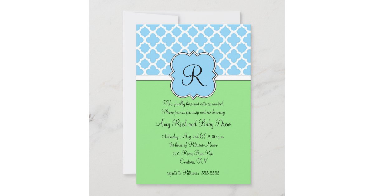 Blue Quatrafoil Monogram Sip and See Invitation | Zazzle