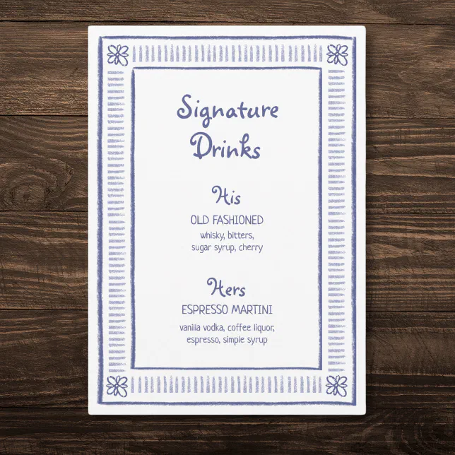 Blue Quirky Hand Drawn Wedding Signature Drinks Menu | Zazzle