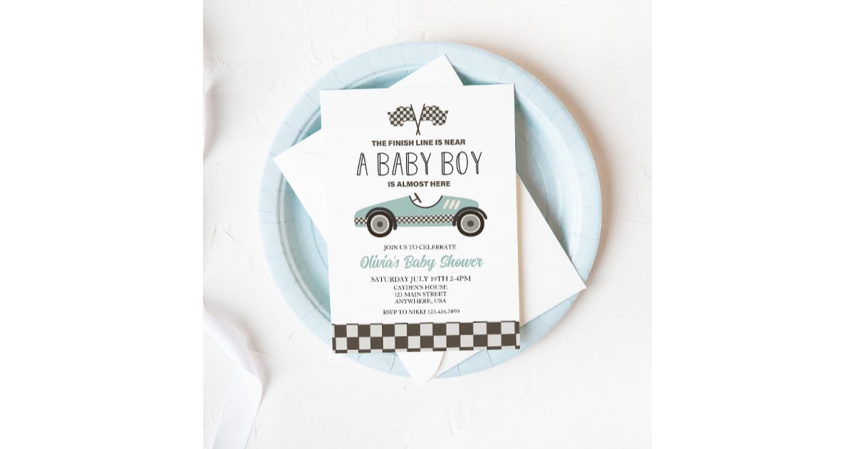 blue Race Car Baby Shower Invitation | Zazzle