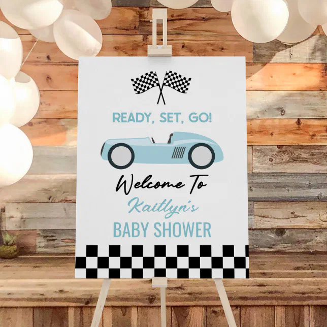 Blue Race Car Baby Shower Welcome Sign | Zazzle