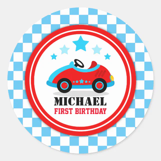 Blue Race Car Birthday Baby Shower Party Classic Round Sticker | Zazzle