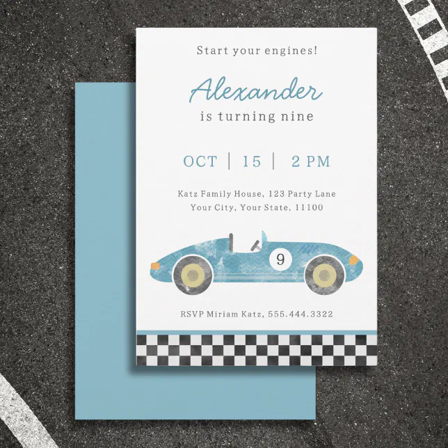 Blue race car birthday invitation | Zazzle