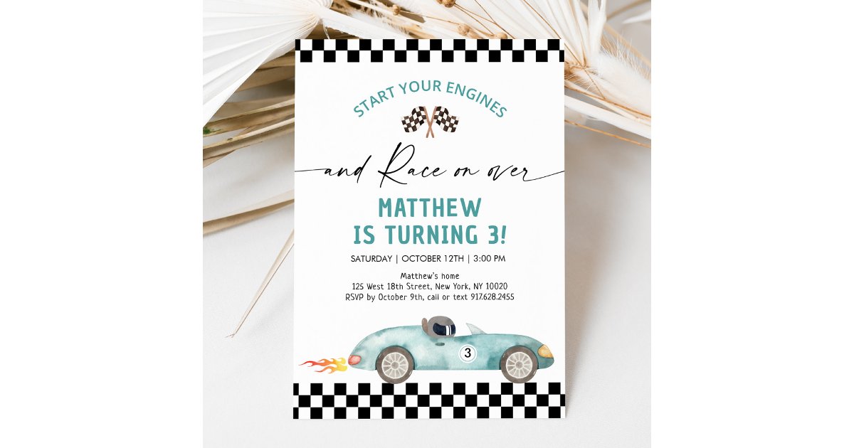 Blue Race Car Birthday Invitation | Zazzle