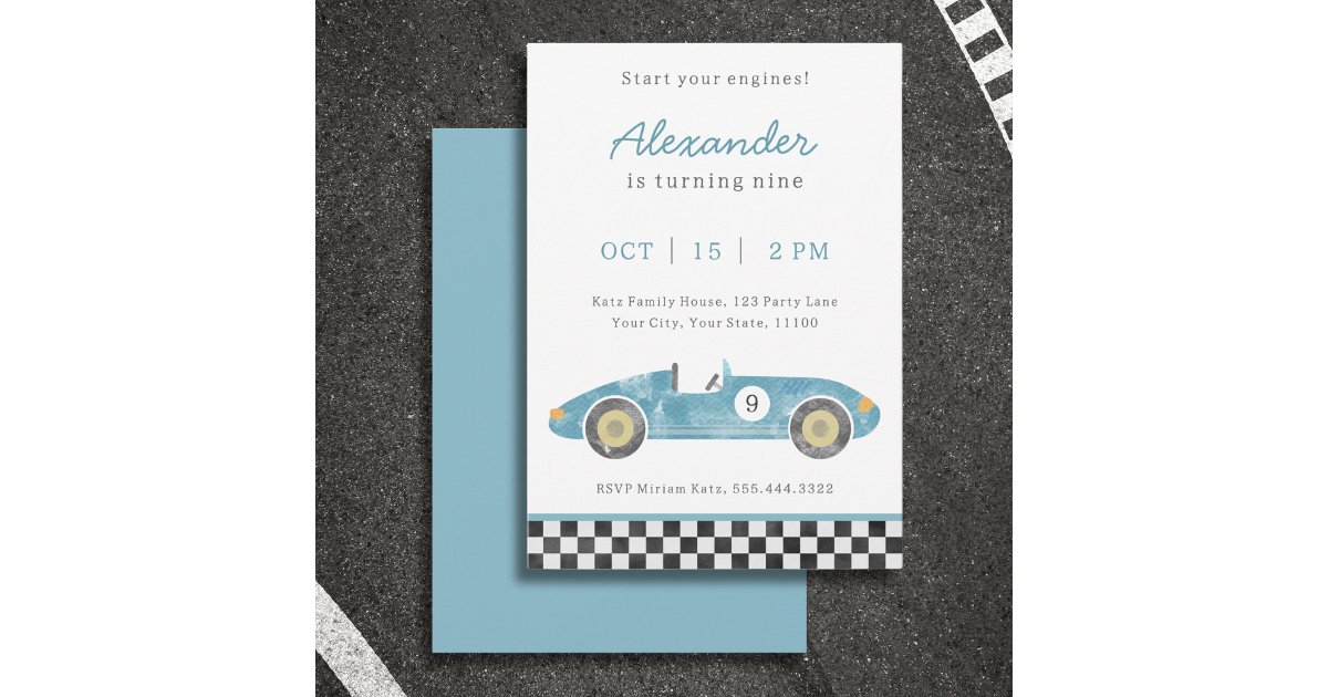 Blue race car birthday invitation | Zazzle