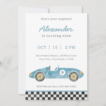 Blue race car birthday invitation | Zazzle