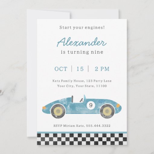 Blue race car birthday invitation | Zazzle