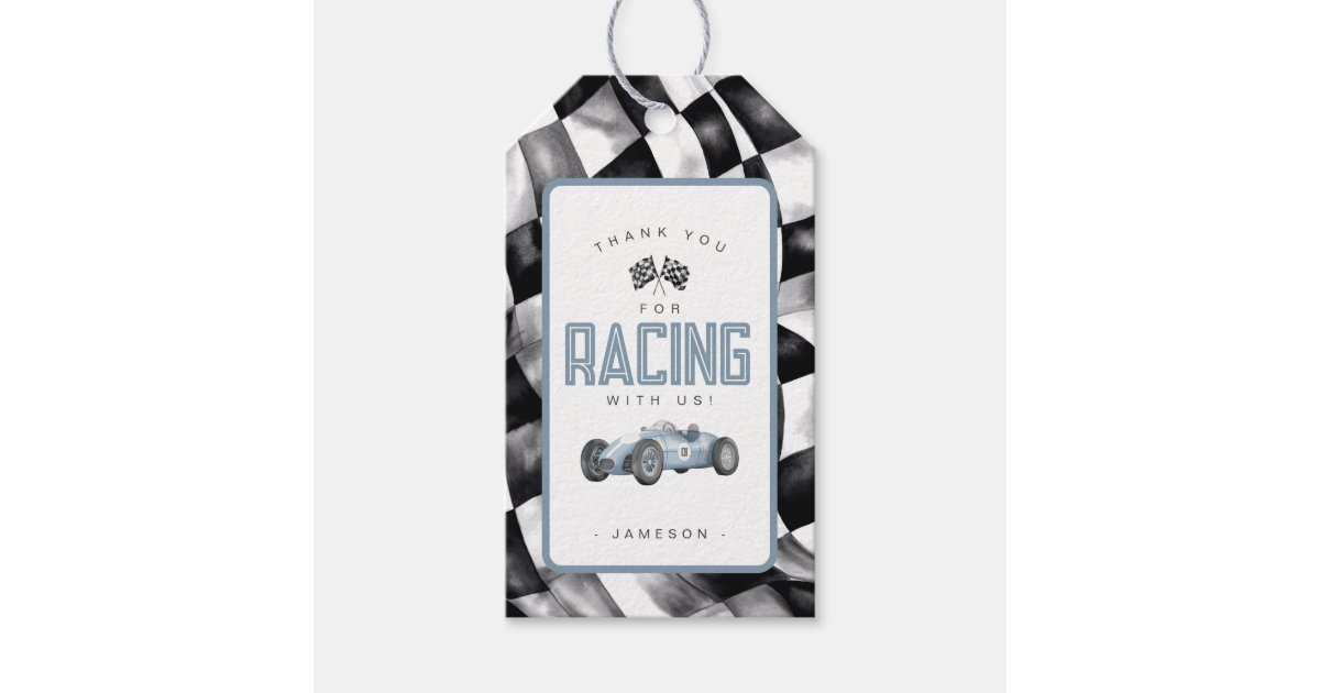 Blue Race Car Birthday Party Favor Gift Tag | Zazzle