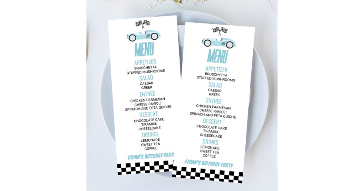 Blue Race Car Birthday Party Food Menu | Zazzle
