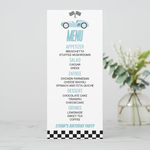Blue Race Car Birthday Party Food Menu | Zazzle