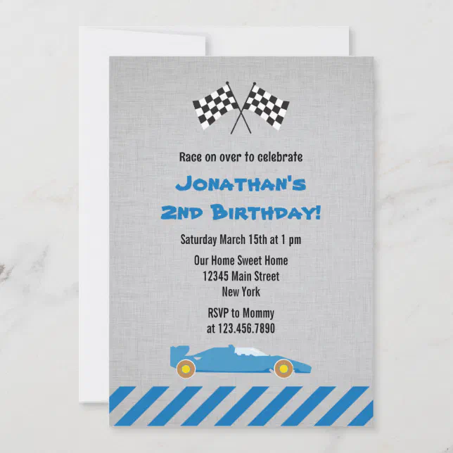 Blue Race Car Birthday Party Invitation | Zazzle