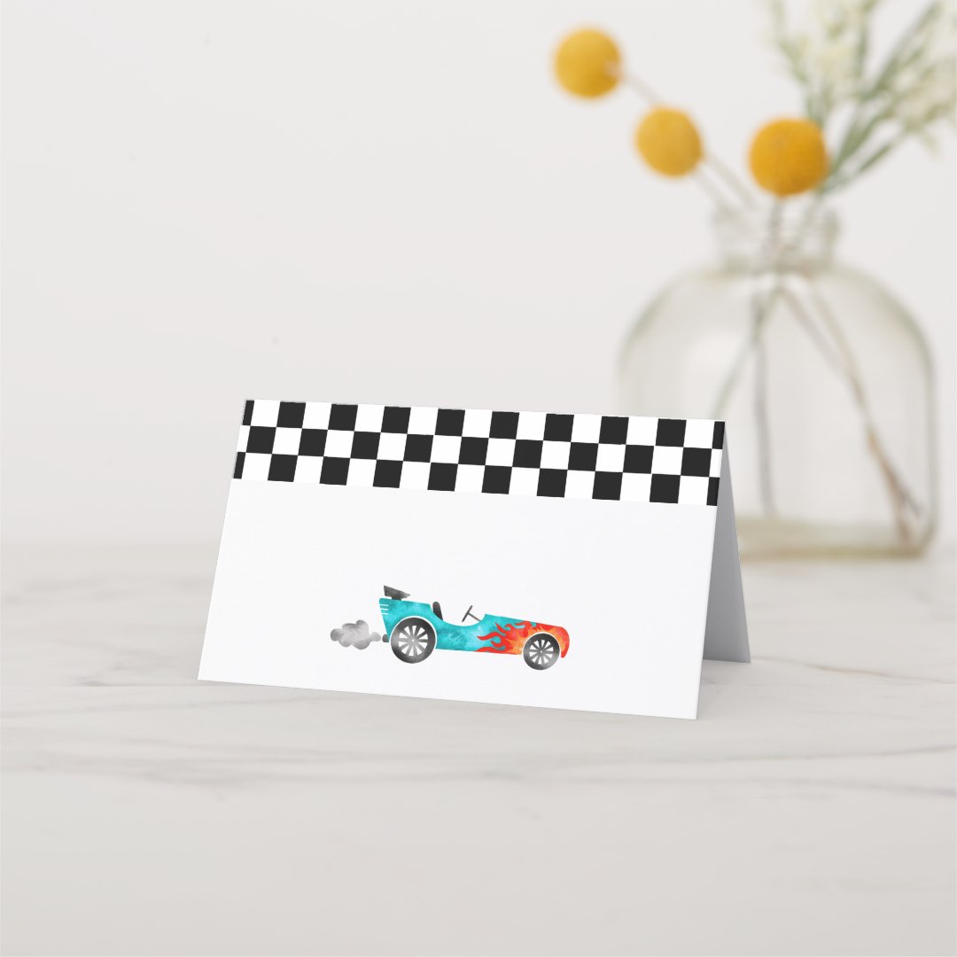 Blue Race Car Boy Birthday Party Place Card | Zazzle
