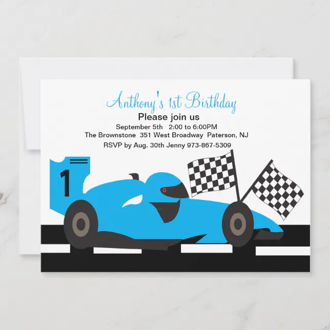 Blue Race Car Boys First Birthday Invitation | Zazzle