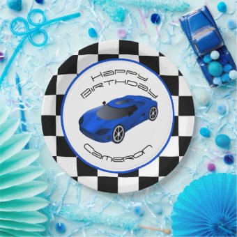 Blue Race Car | Custom Birthday Party Paper Plates | Zazzle