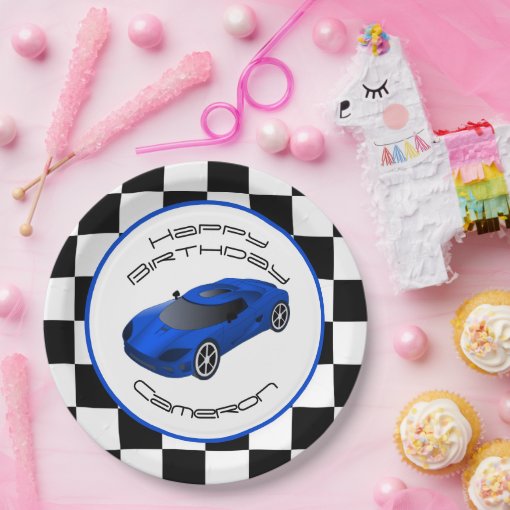 Blue Race Car | Custom Birthday Party Paper Plates | Zazzle