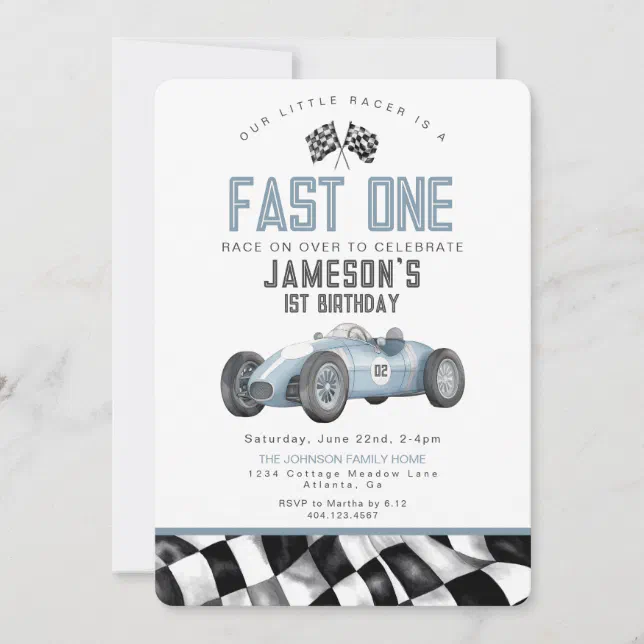 Blue Race Car Fast One 1st Birthday Party Invite | Zazzle
