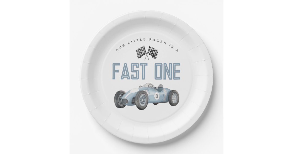 Blue Race Car Fast One 1st birthday party Paper Plates | Zazzle