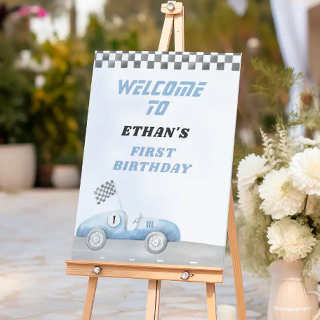 Blue Race Car Fast ONE Birthday Welcome Sign | Zazzle
